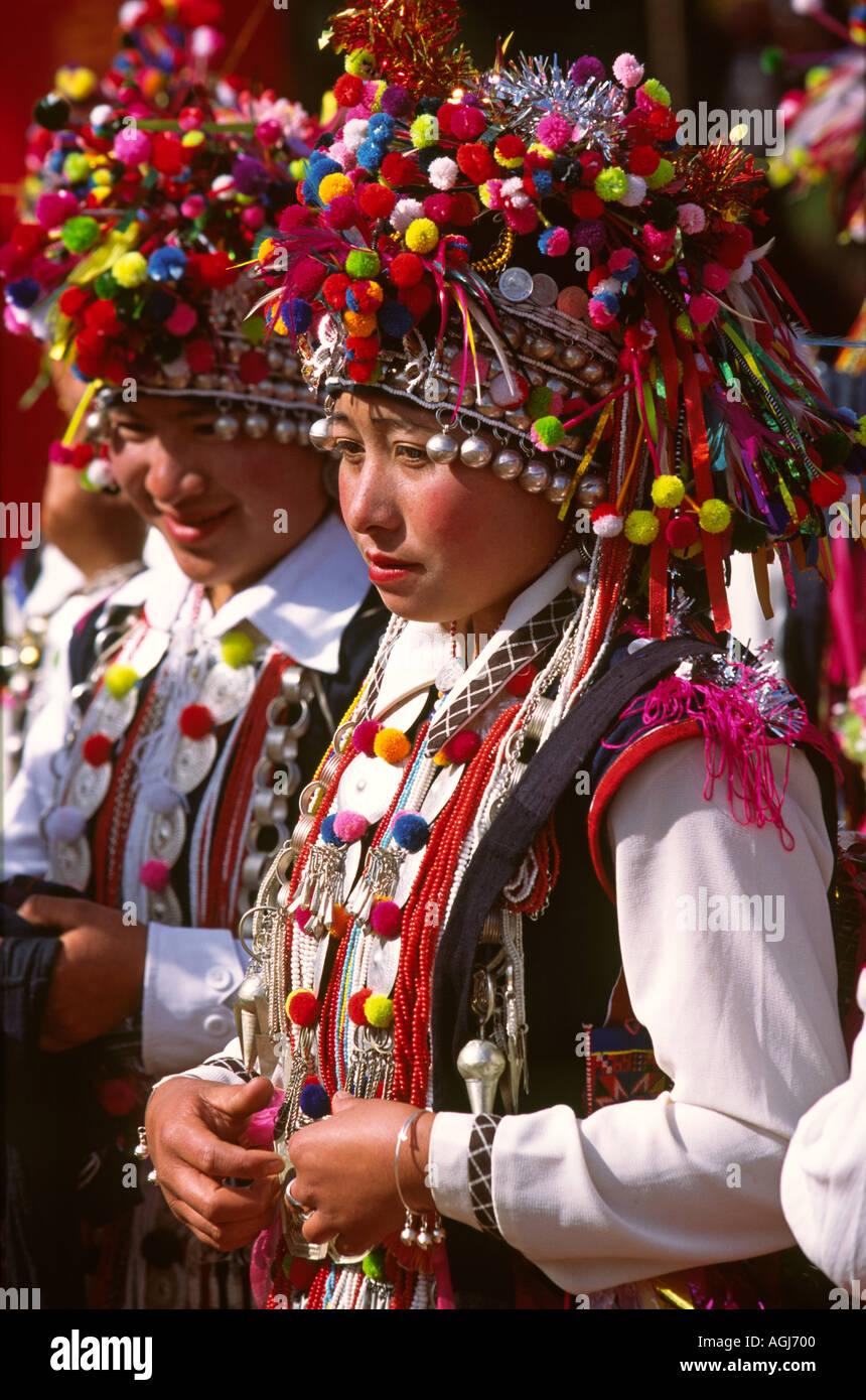 China Yunnan Xiao Hu La village Akha Hani woman in traditional festival ...