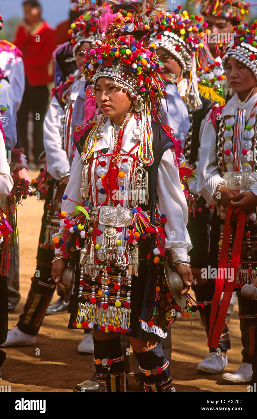 China Yunnan Xiao Hu La village Akha Hani woman in traditional festival ...