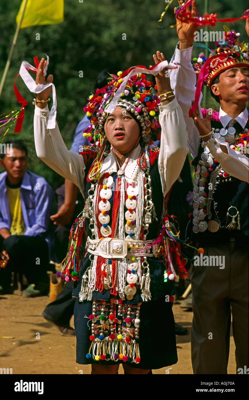 China Yunnan Xiao Hu La Akha Hani village female festival dancer Stock ...