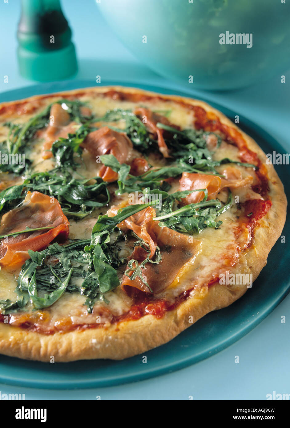 Individual parma ham rocket cheese tomato sauce pizza hi-res stock ...