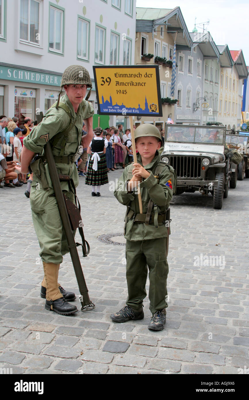 Imitation of the US Army arriving 1945 in Bad Toelz Bavaria Germany ...