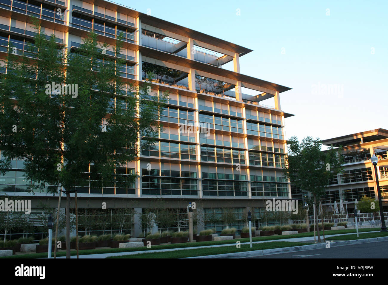 Glass and steel government building wide view in downtown Sacramento ...