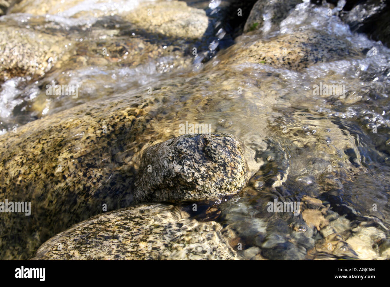Clear cold water in a river running down the western face of the Sierra ...
