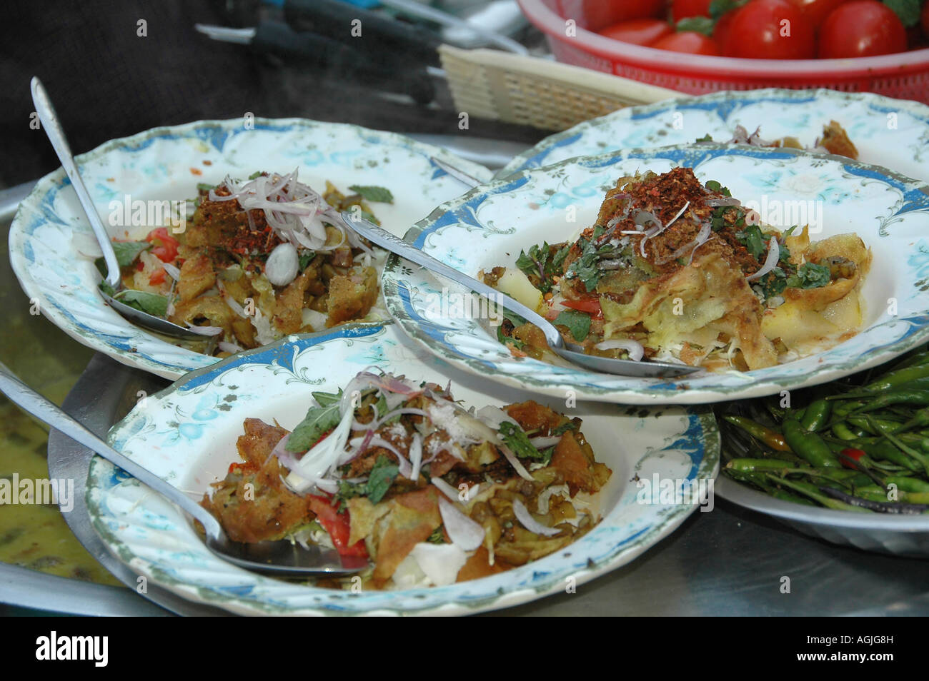 Yangon Myanmar Plates of food at a street stall in the market Stock ...