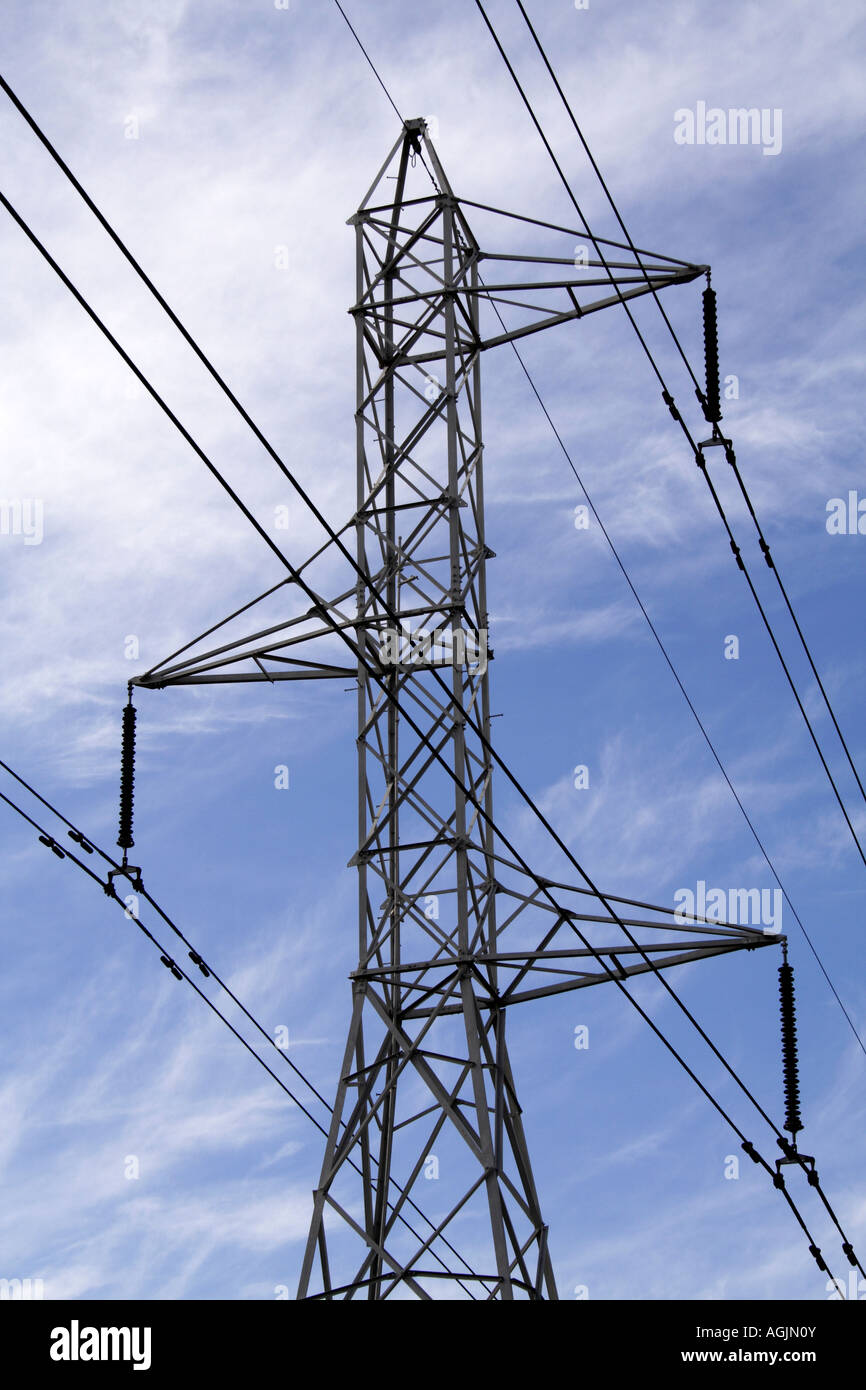 electrical power lines with support tower with blue sky and cloud ...