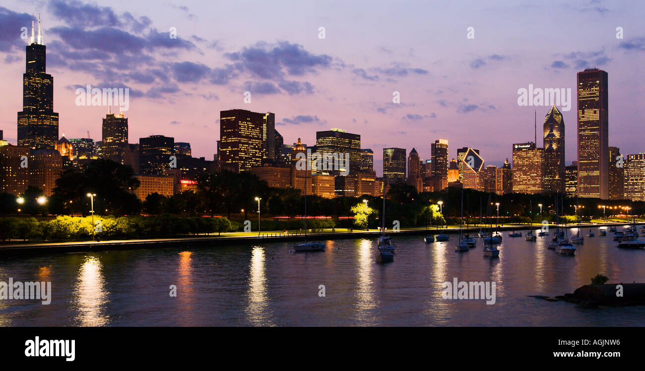 Nighttime panoramic skyline of Chicago Illinois including the Sears ...