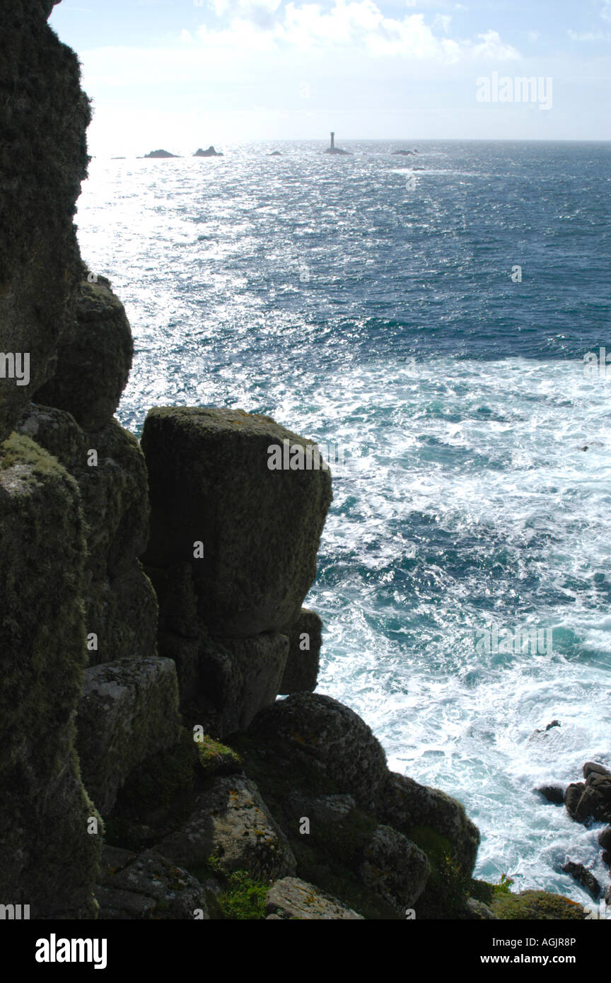 Cornwall England cliffs and sea at Land s End with Longships lighthouse ...