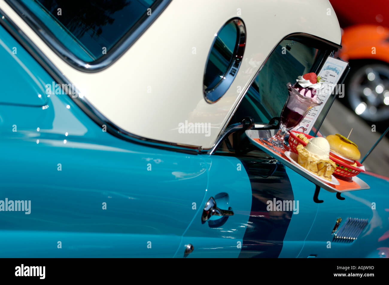 Vintage car with food tray in the window Stock Photo - Alamy