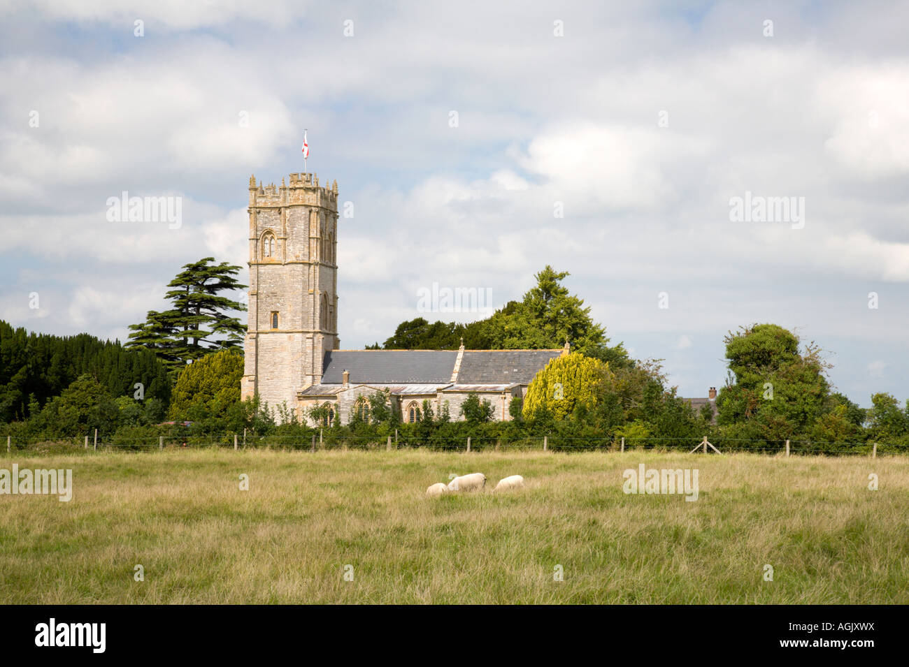 The church of St Peter and St Paul set amid farmland at Muchelney near ...