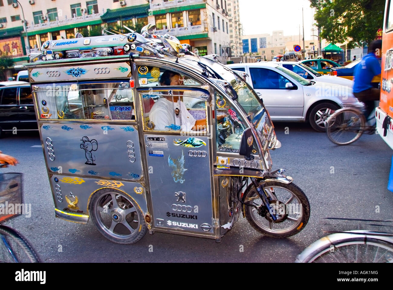 Beijing CHINA, "Street Scene" Man Driving Custom Decorated Rickshaw in ...