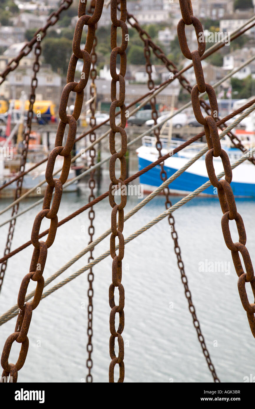 Chains and ropes on a trawler in Newlyn harbour Cornwall Stock Photo ...