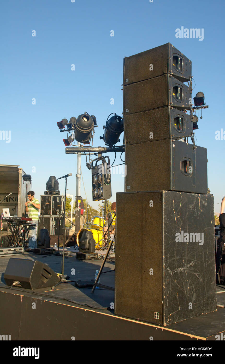 An outdoor stage set up with loudspeakers banks Stock Photo - Alamy