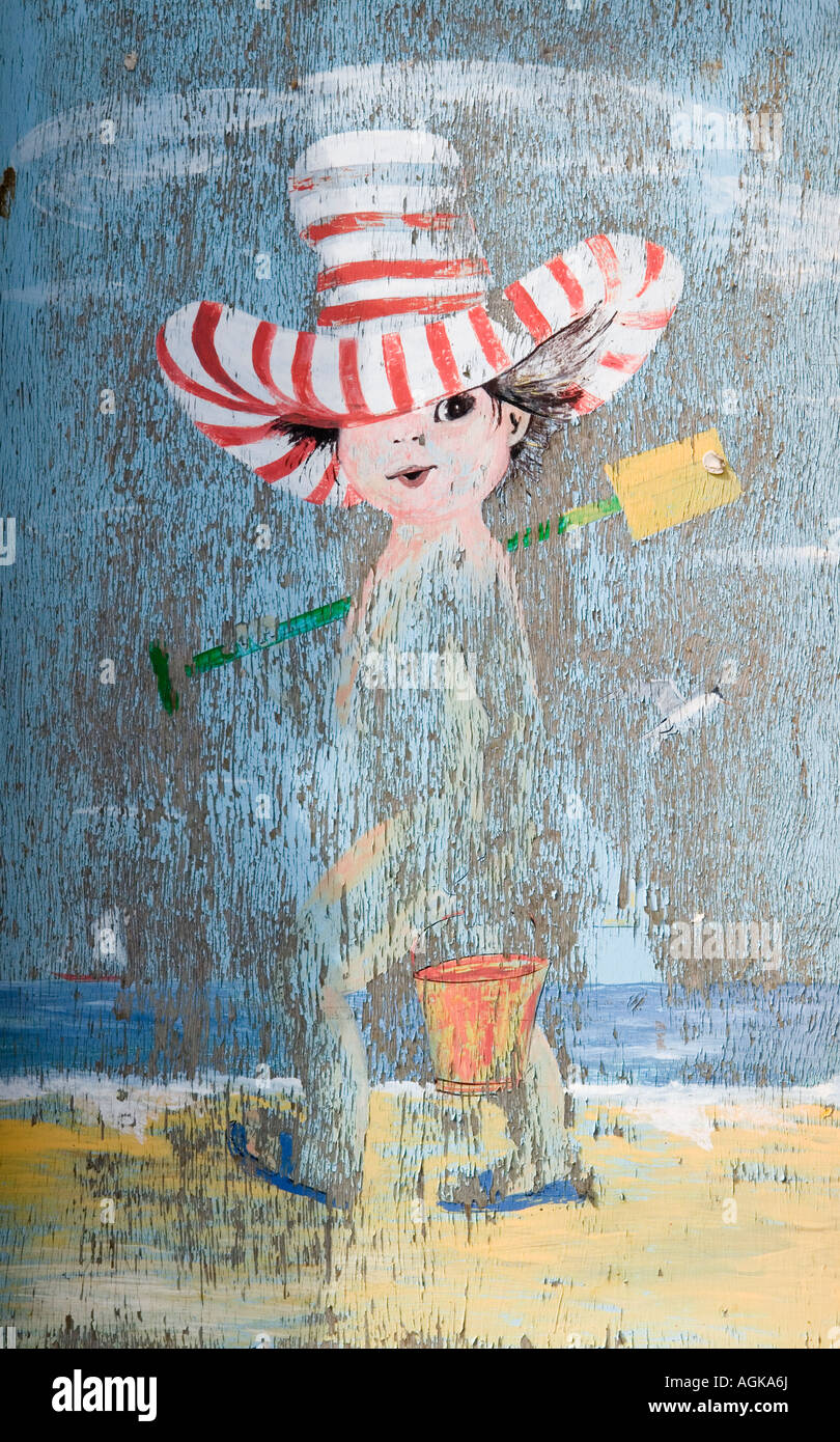 Weather beaten painting on board used originally as local adverting for ...