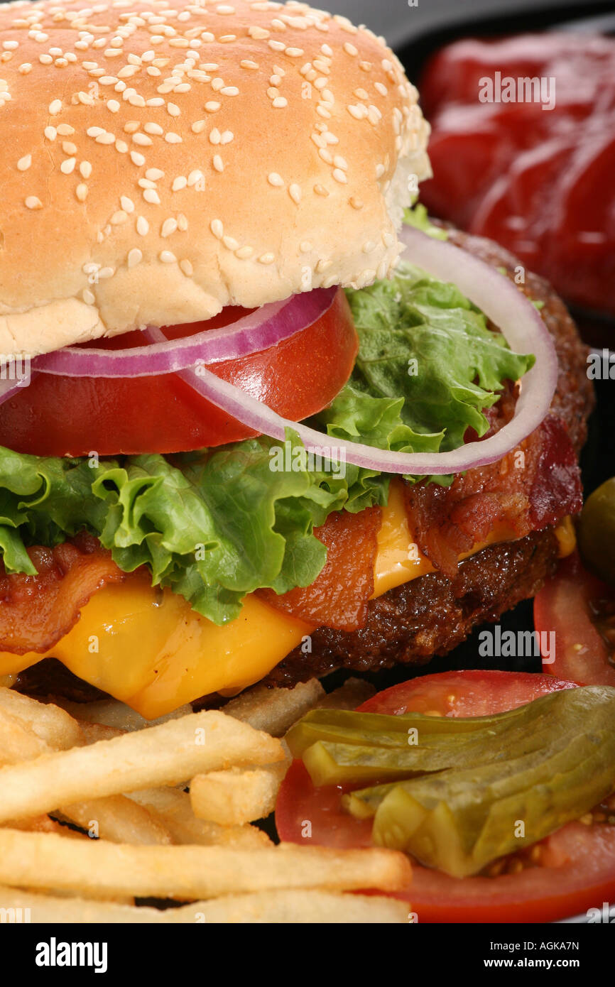 Hamburger with French Fries Beef burger on a plate American fast food ...