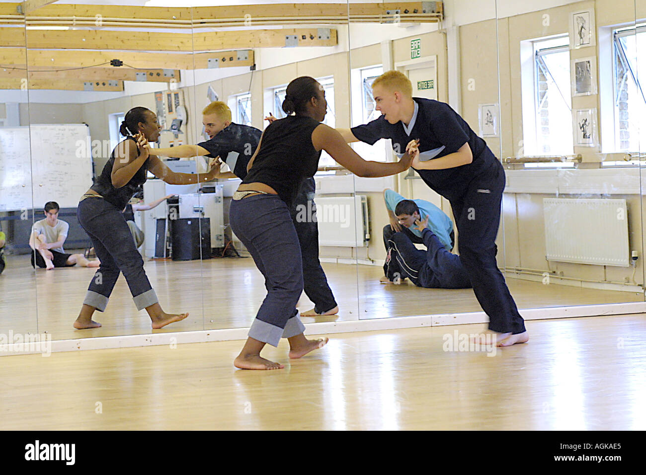 Sixth form college students in dance class in front of mirror Stock ...