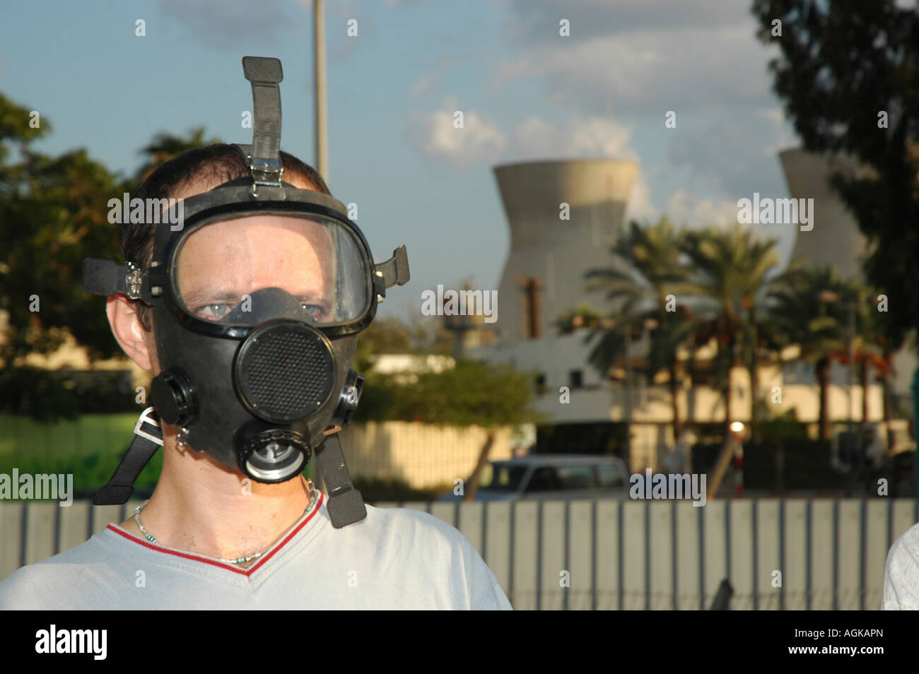 Israel Haifa bay A man wearing a gas mask at a protest against air ...