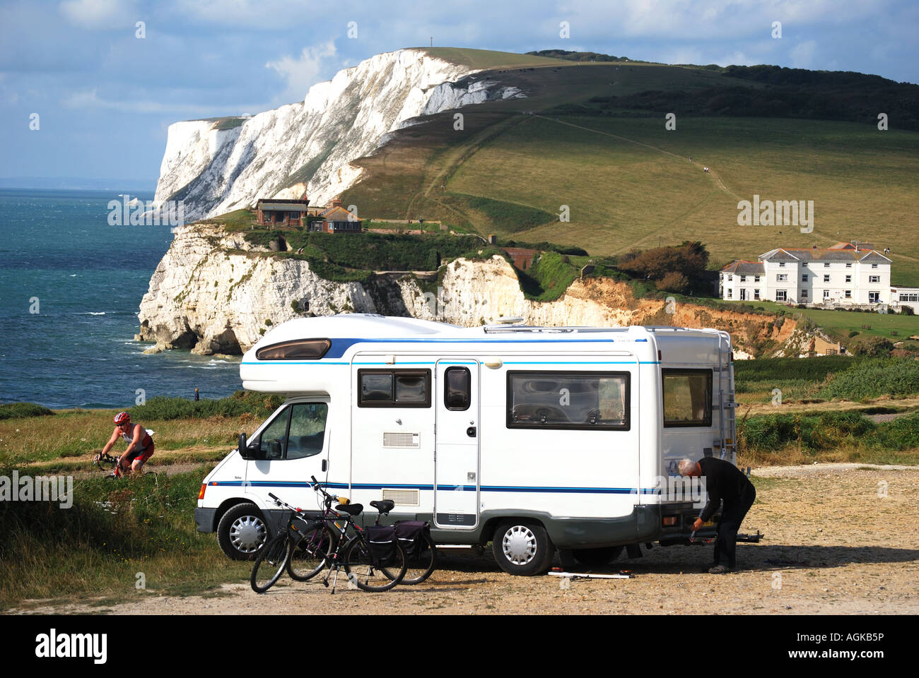 Camper van parked near the chalk cliffs of Freshwater Bay, Isle of ...