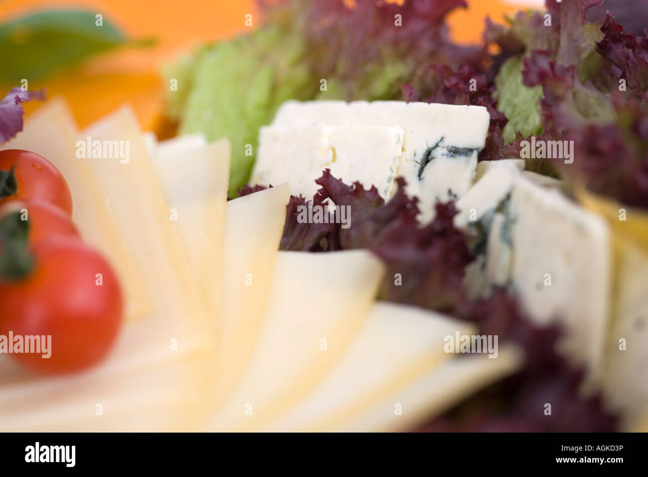 Selection of cheese slices with salad Stock Photo - Alamy