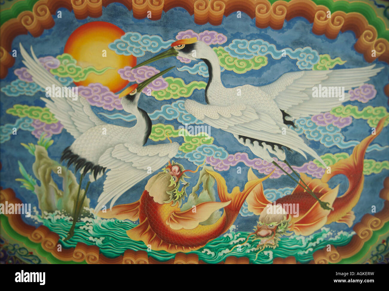 Taiwan, Peimen, Nankunshen Temple, Ceiling mural of cranes and catfish ...