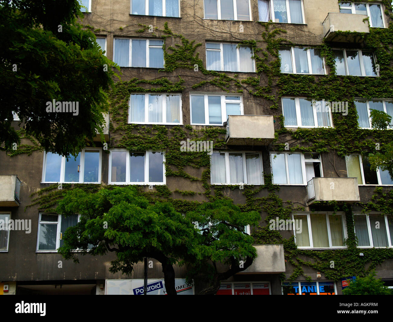 Windows on the side of an old-style communist housing unit in Warsaw ...