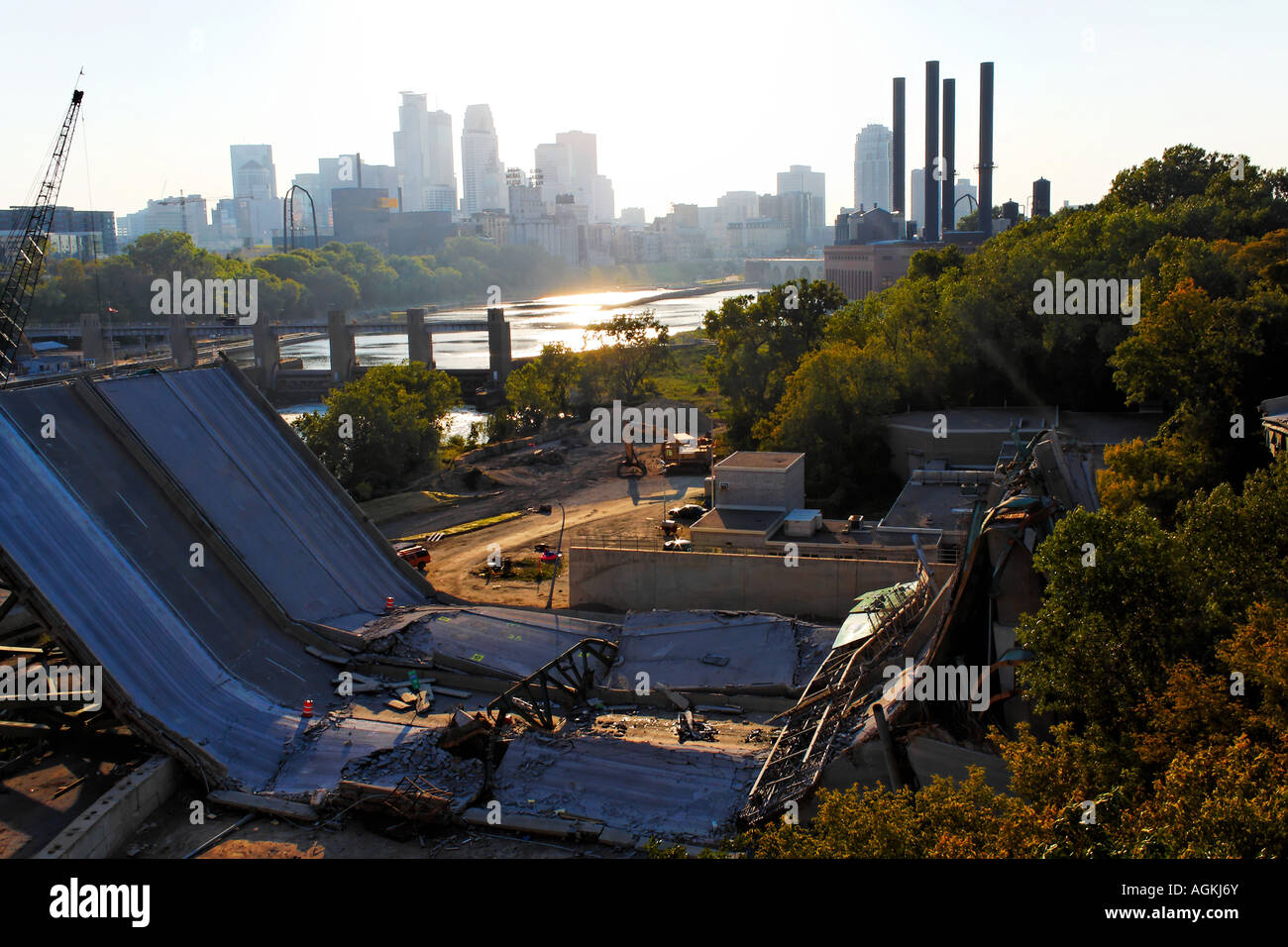 I 35W Bridge collapse aftermath and clean up one month later showing ...