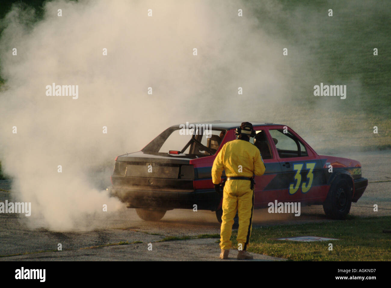 Racing car engine burned smoked out during race at speedway in Slinger ...