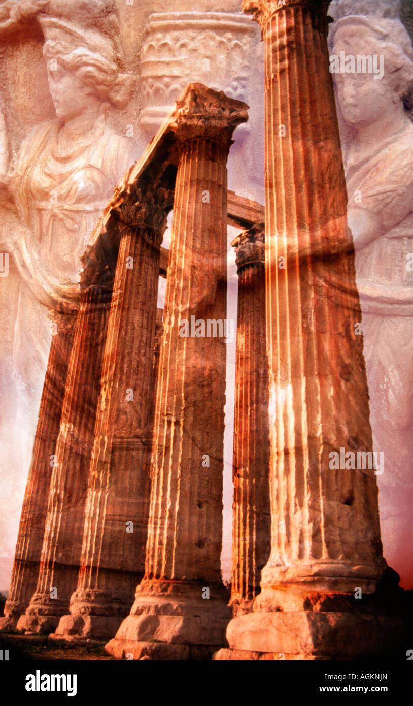 Europe, Greece, Athens, Digital composite of Greek columns and Greek ...