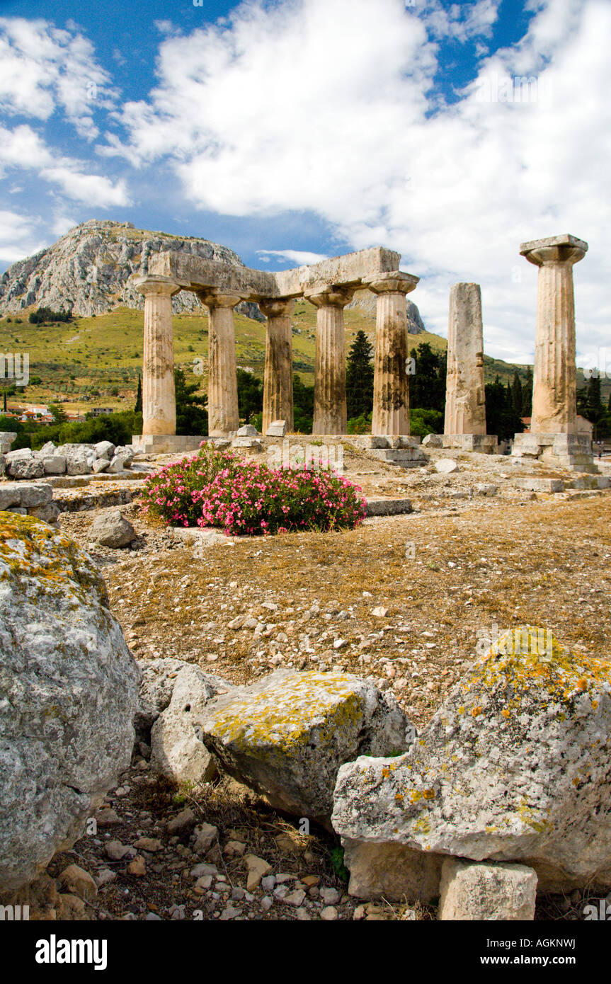Ruins of the ancient city of Corinth with the Acropolis of Acrocorinth ...