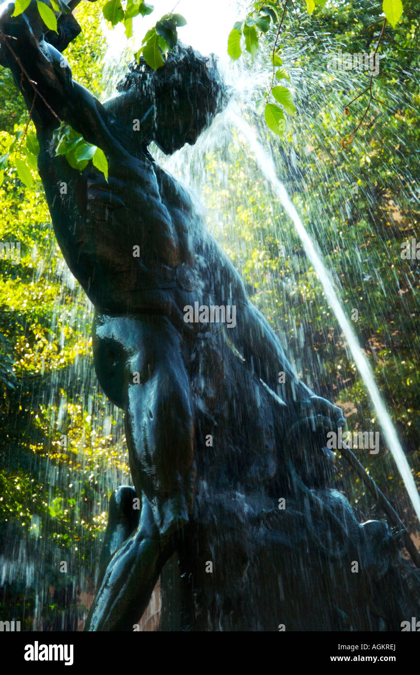 Europe, Sweden, Stockholm. Close-up of bronze statue and fountain in ...