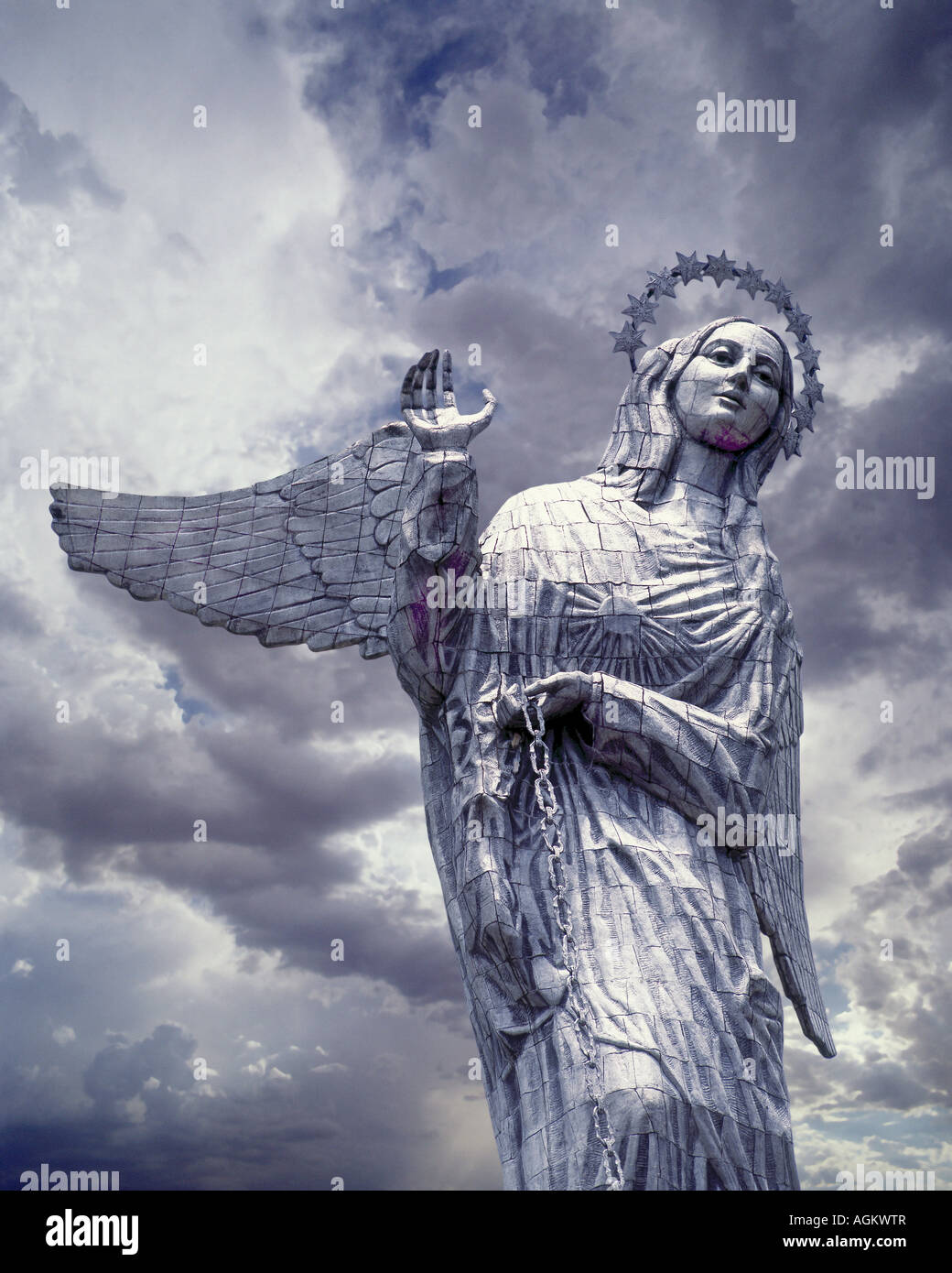 South America, Ecuador, Quito. Looking up at Virgin of Quito statue on ...