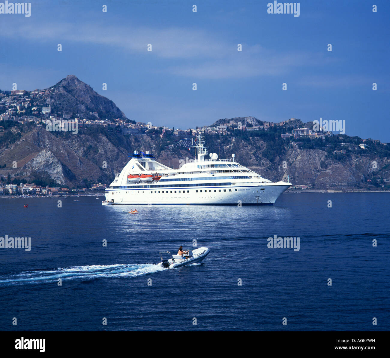 Italy Sicily Taormina Seabourne Pride cruise ship anchored Stock Photo ...