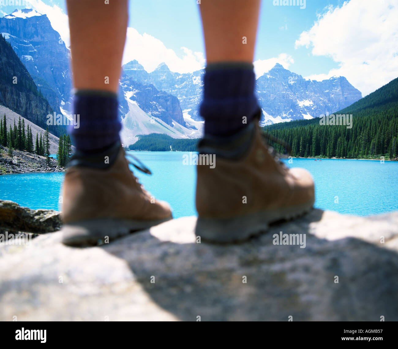 Hikers Legs in front of Moraine lake Stock Photo - Alamy