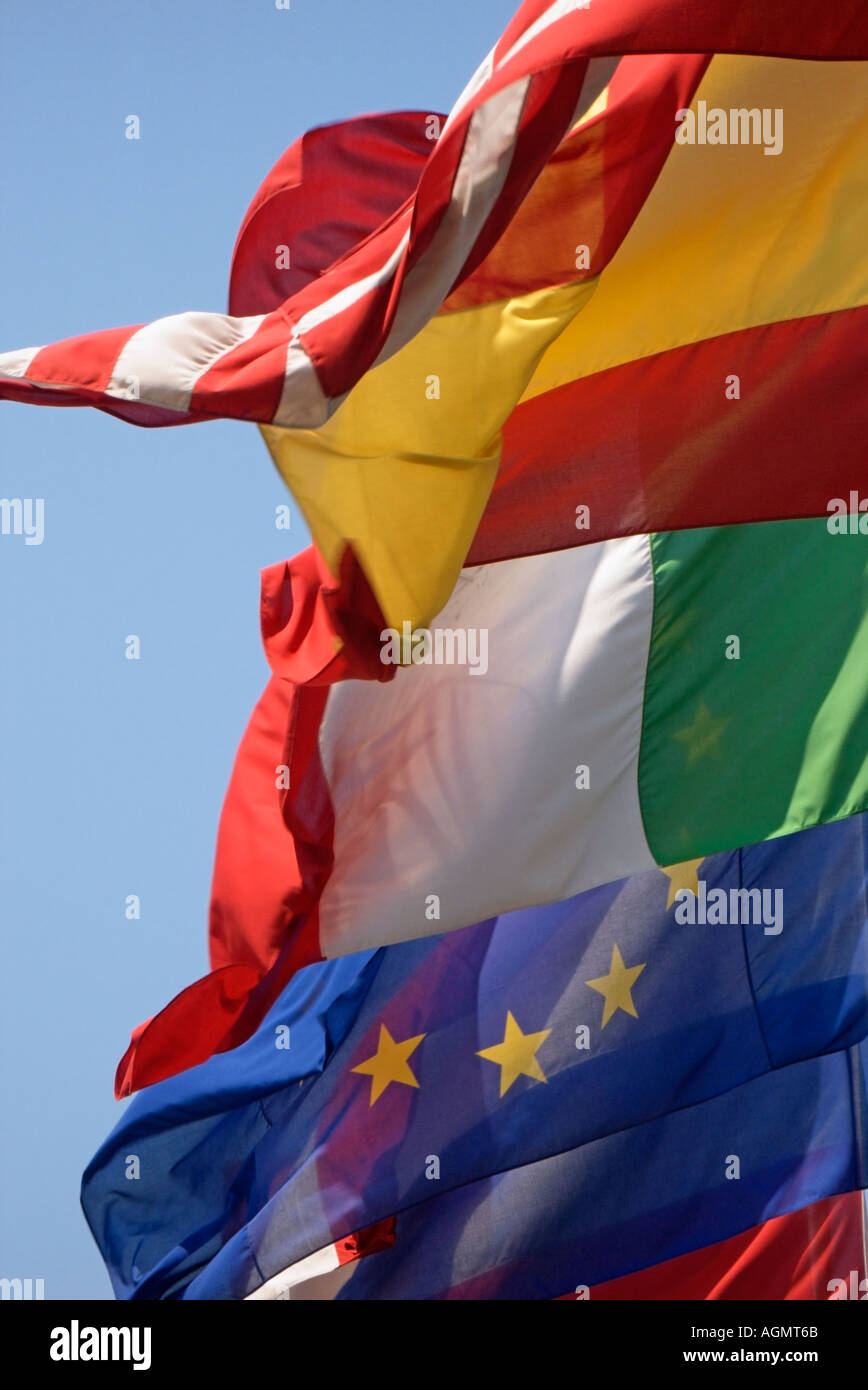 Flags of the Spain, Ireland and European Union countries flying in the ...