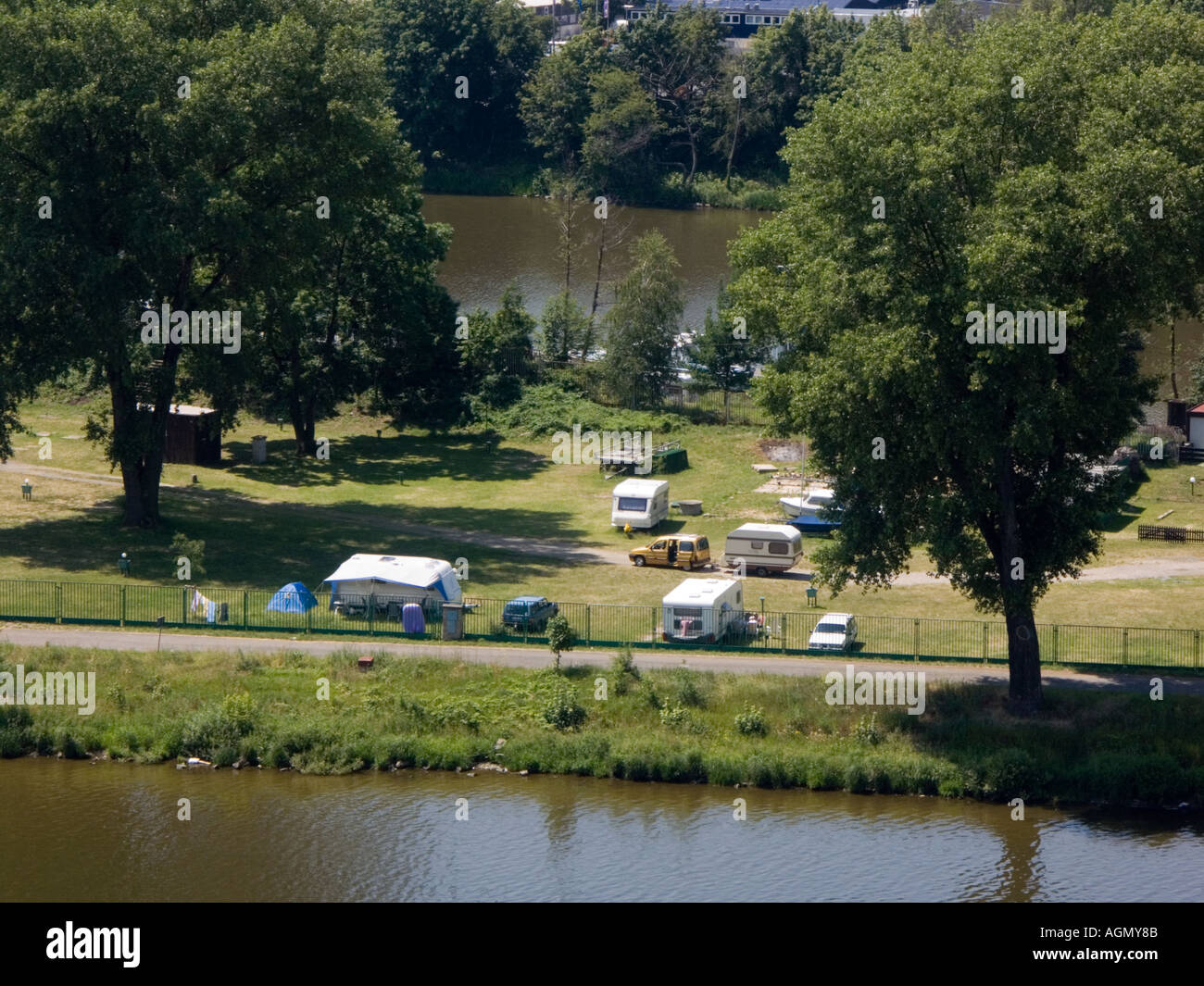 Camping on a spit of land at Vysehrad in the River Vltava Prague Stock ...