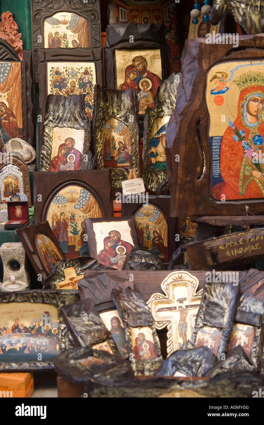 Wooden religious icons for sale in a store in Tinos, near Mykonos ...