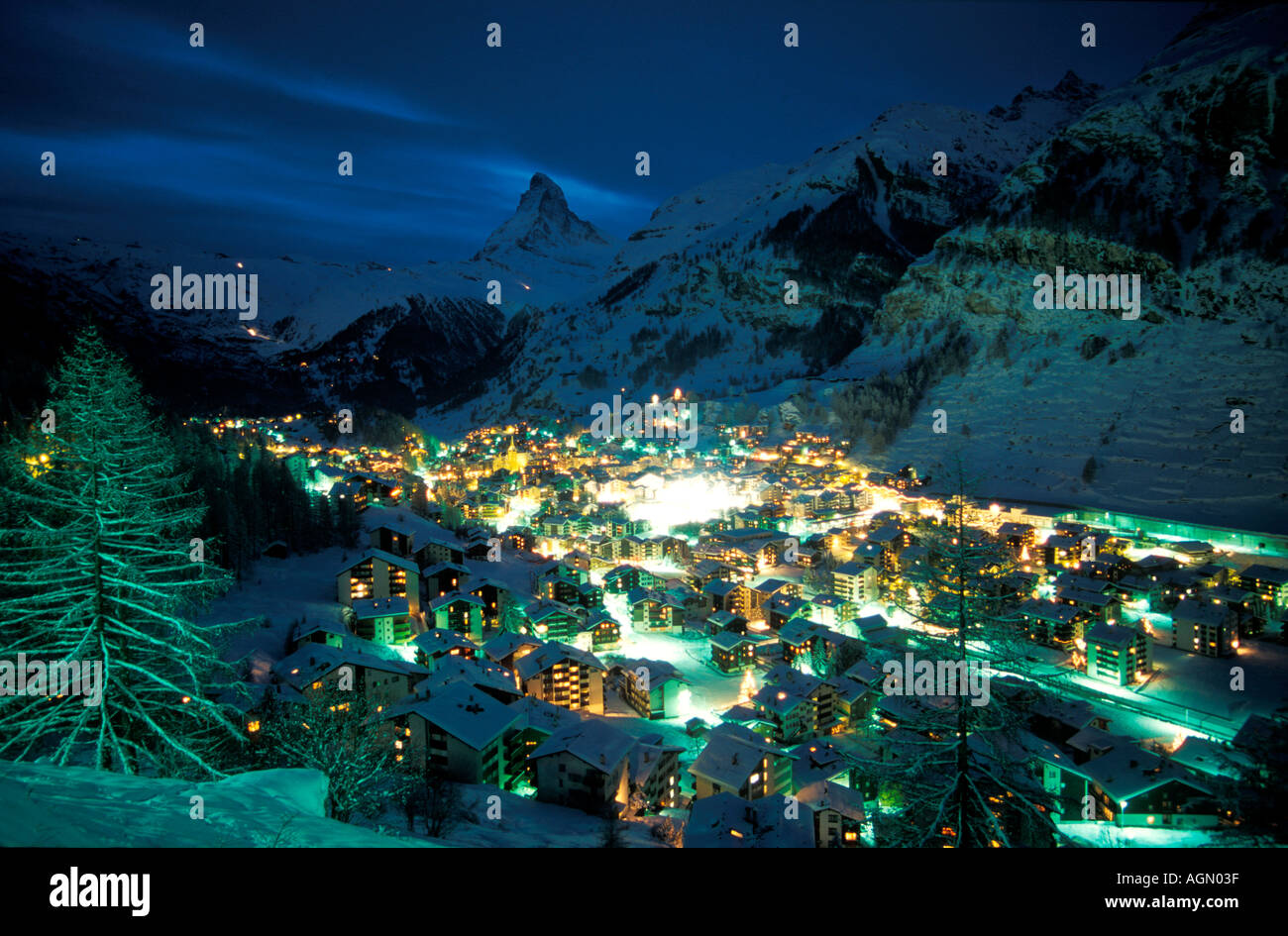 Night time view of Zermatt with the Matterhorn in the distance and the ...