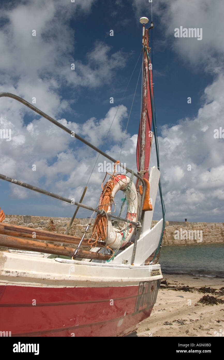 Cornish fishing boat under blue skies at Sennen Cove ready to sail on ...