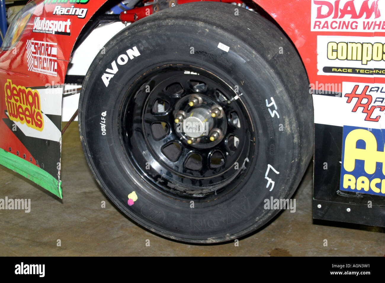 Close up of a racing alloy wheel and slick tyre Stock Photo - Alamy