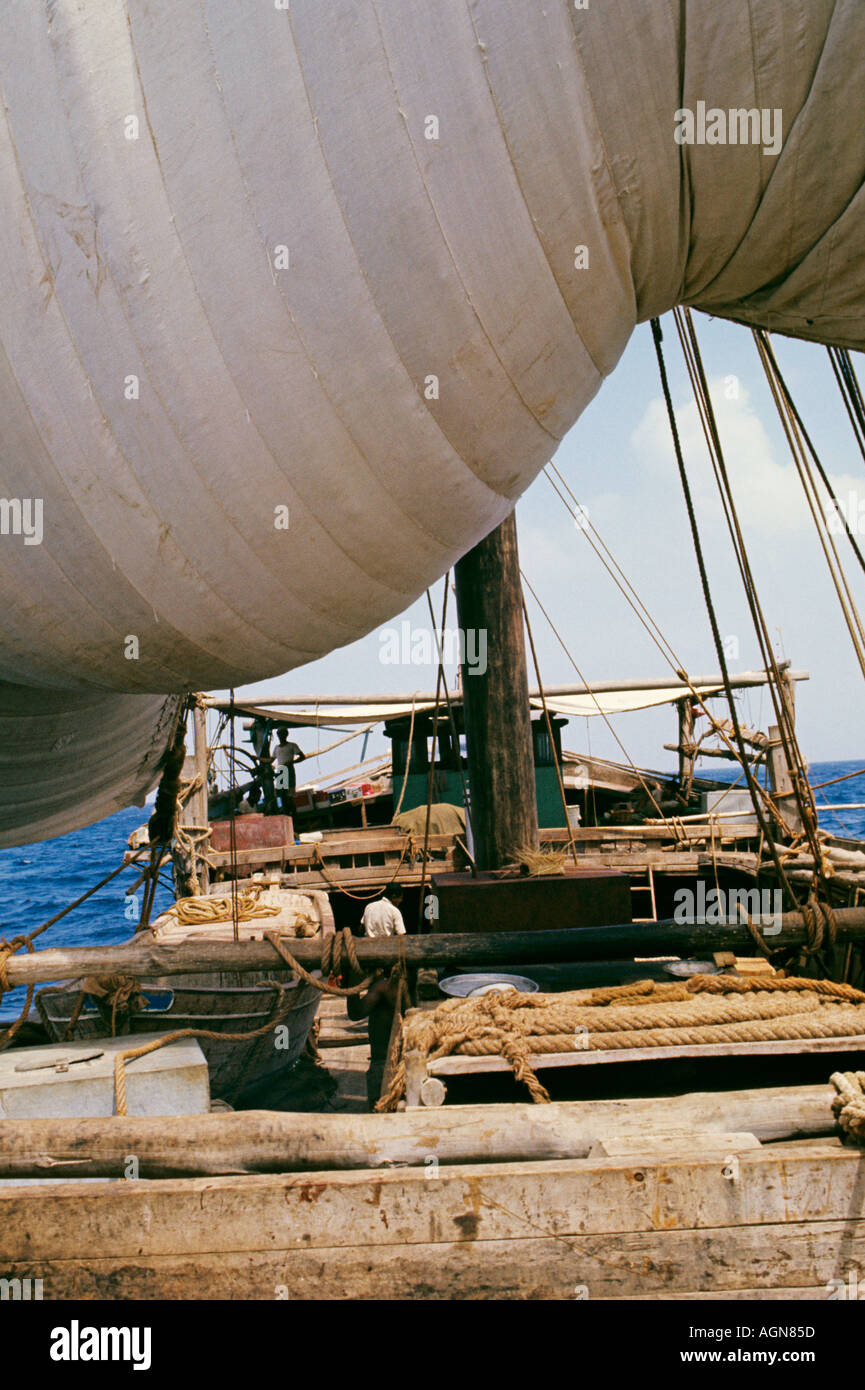 Wind filled sail bulges over an Arab dhow deck in a calm sea Stock ...