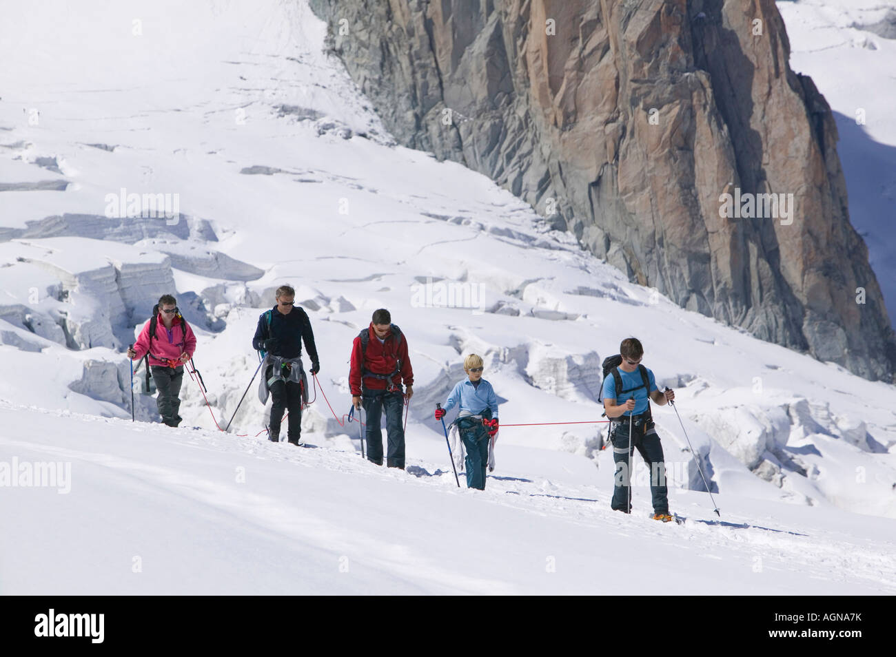 Climbers crossing a crevasse field on the glacier Du Geant like most ...