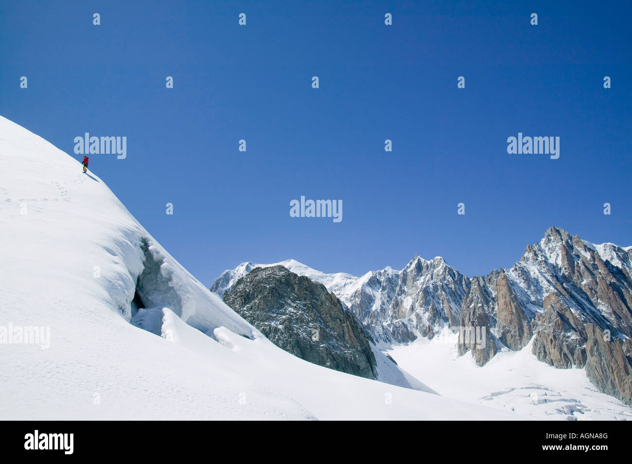 Climber crossing a crevasse field on the glacier Du Geant like most ...