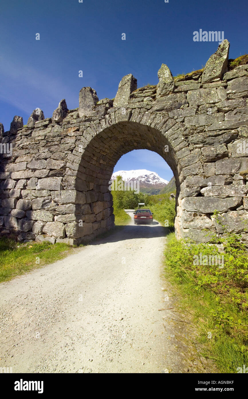 The old road to Geiranger with safety stones crossing under it self ...