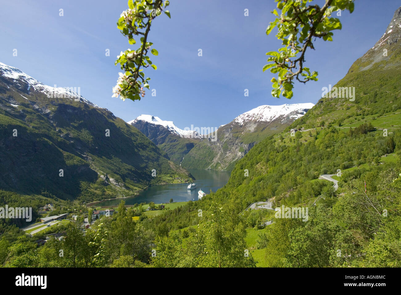 Panoramic view of the Geirangerfjord from a hillside viewpoint ...