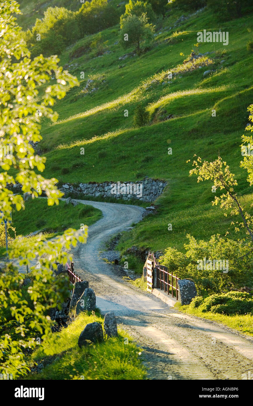 Old winding road with safety stones on the hillside above Geiranger ...