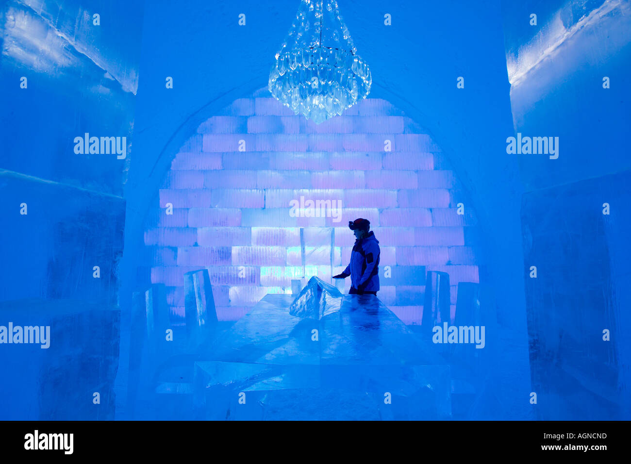 A person at a dinner table ice sculpture inside the Ice hotel ...