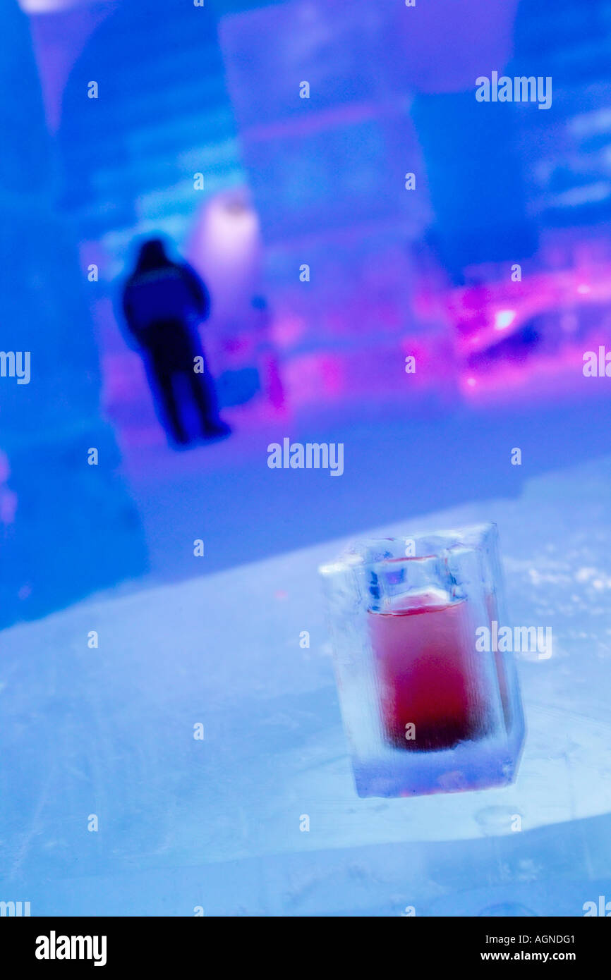 Red drink in glass made of ice at the Absolute Icebar of the Ice hotel ...