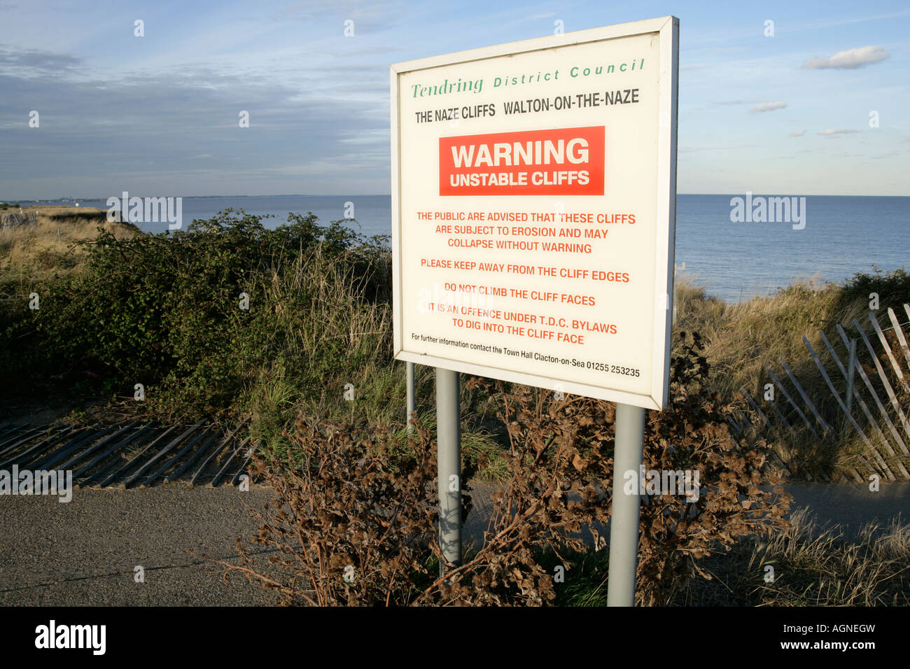 Warning sign to the public of cliffs erosion and sudden collapse at ...
