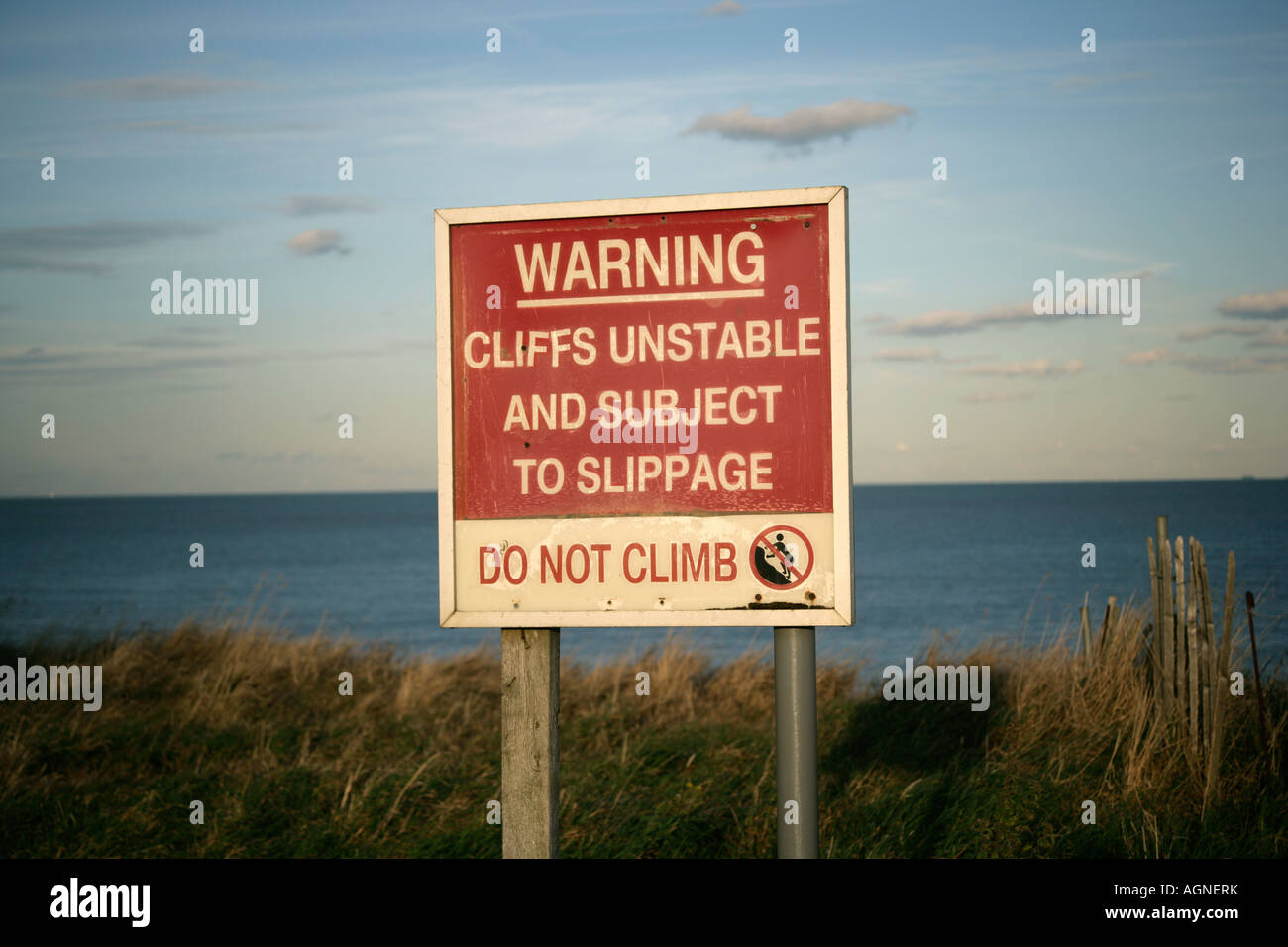 Warning sign of cliffs erosion at Walton on the Naze, Essex, England ...