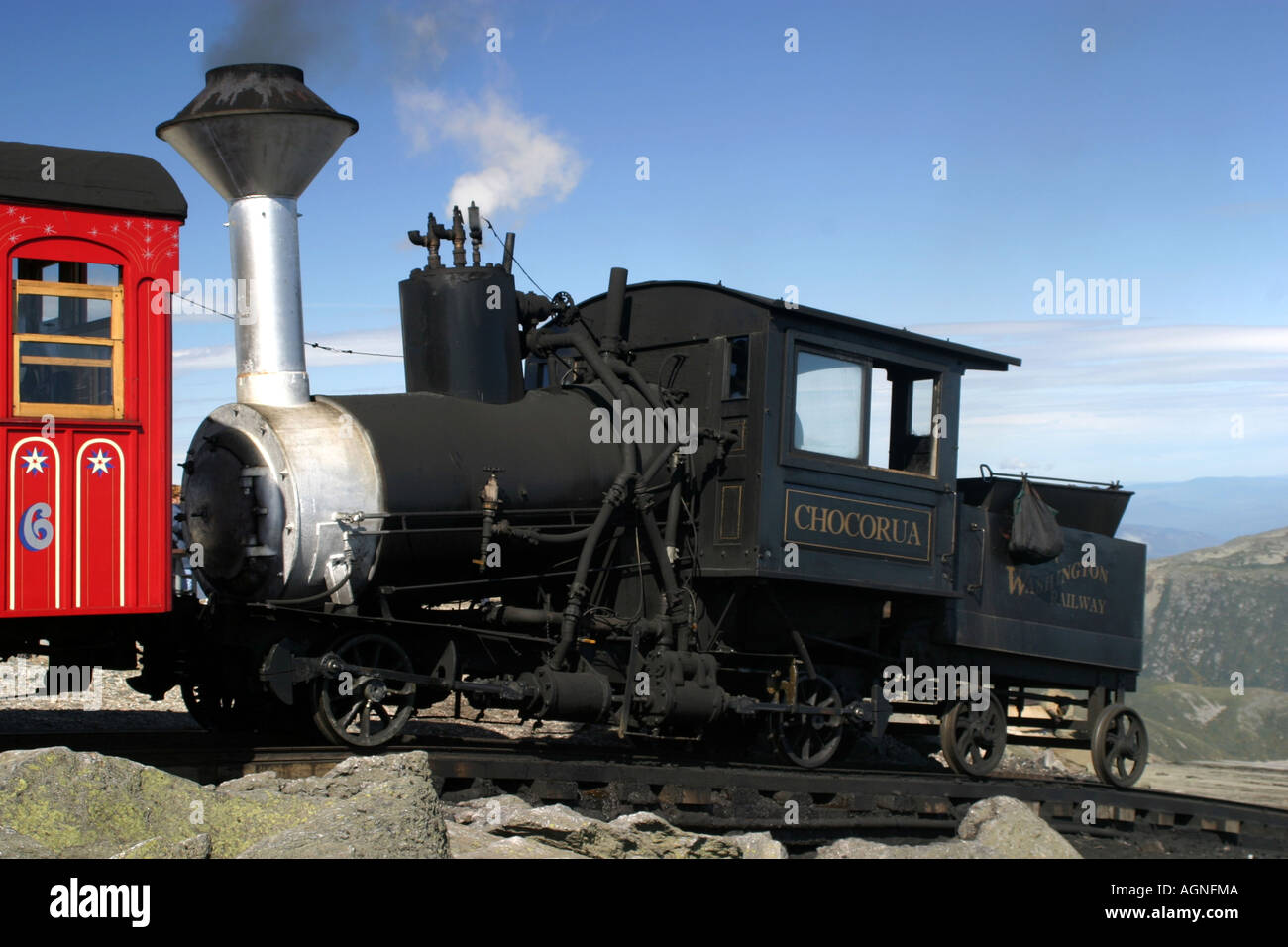 Cog railway at the top of Mount Washington, highest mountain of the ...
