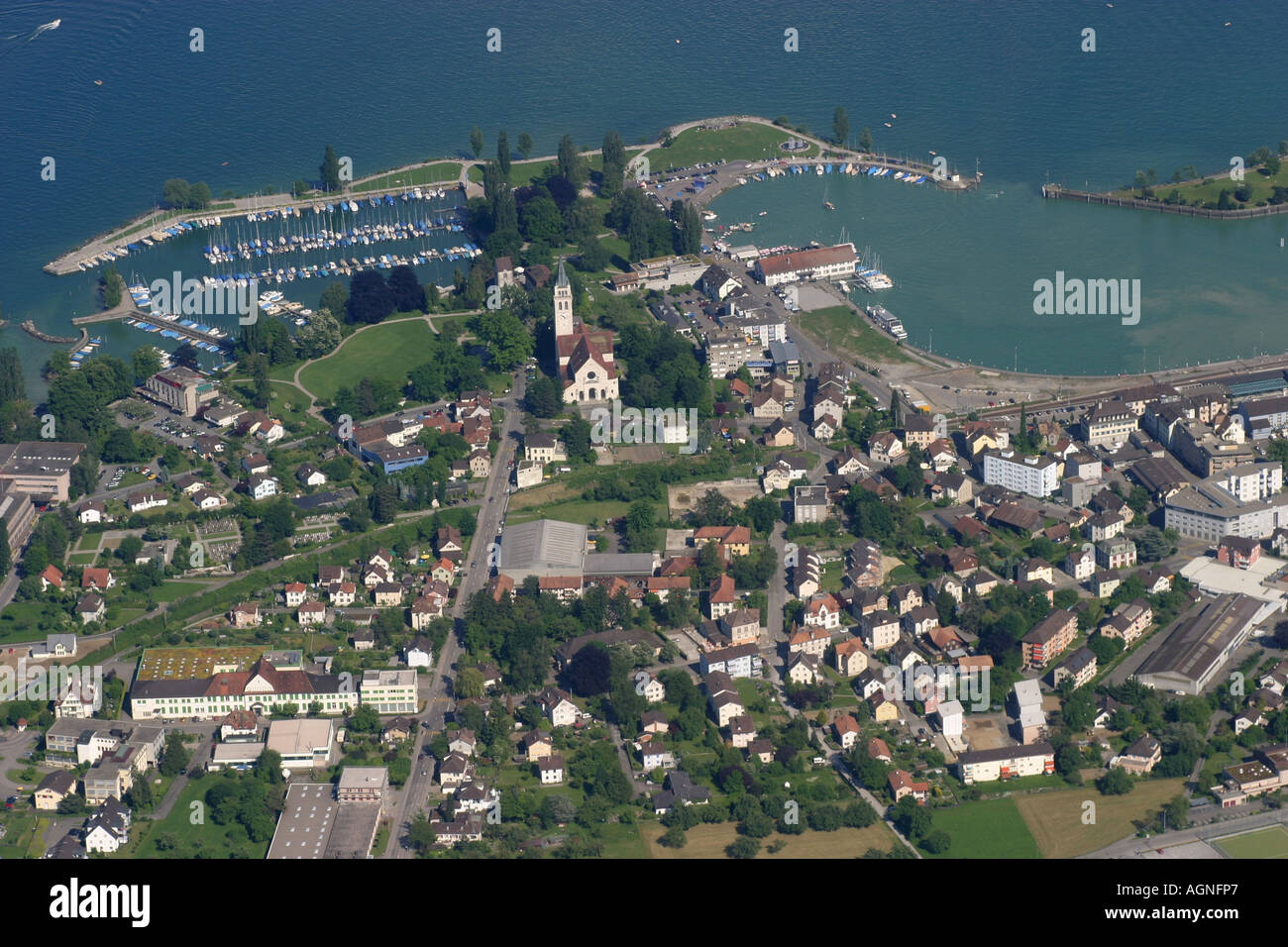 Aerial view of the harbor of Romanshorn (Lake of Constance, Switzerland ...
